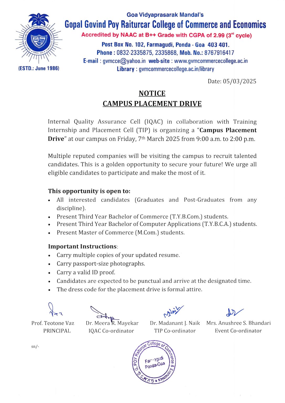 Campus Placement Drive – GVM'S Gopal Govind Poy Raiturcar College of ...